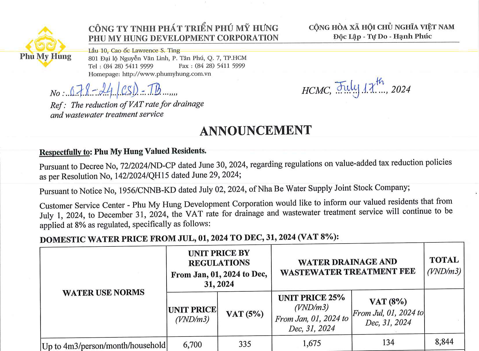 Phu My Hung | Announcement: from July 1, 2024, to December 31, 2024 ...